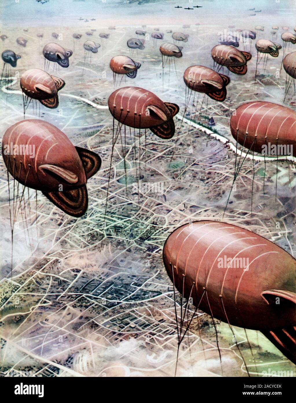 Anti-aircraft balloons over London. Historical illustration of a fleet ...