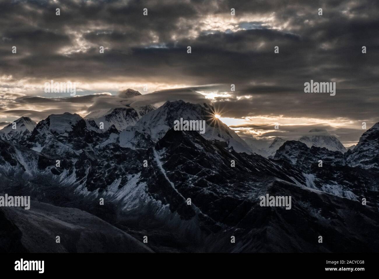 Summits of Mt. Everest, Mt. Nuptse and Mt. Makalu, seen from summit of ...