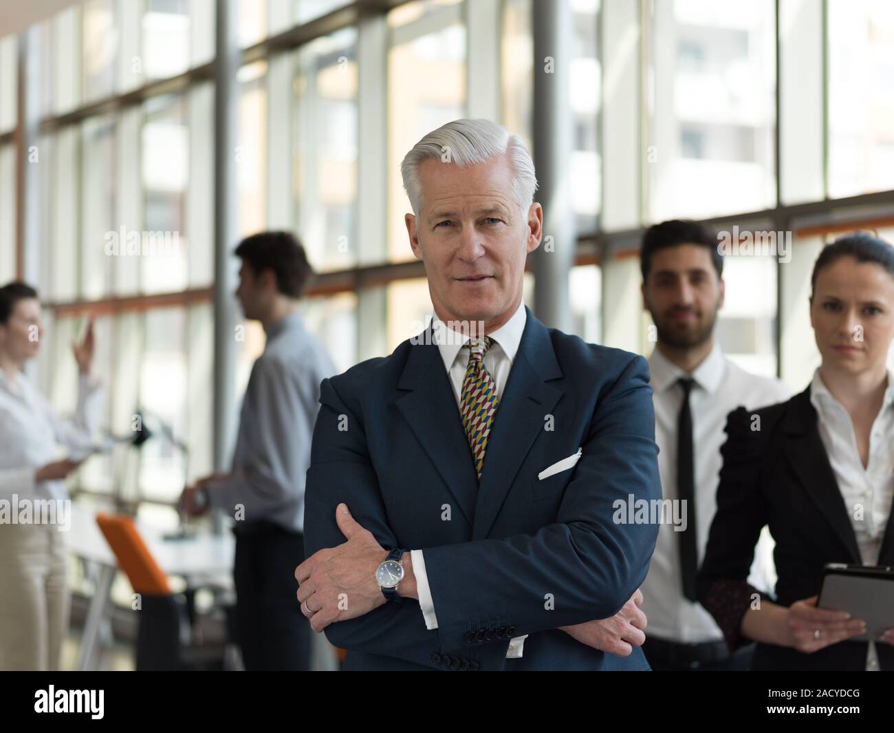portrait of senior Businessman as leader with staff in background Stock ...