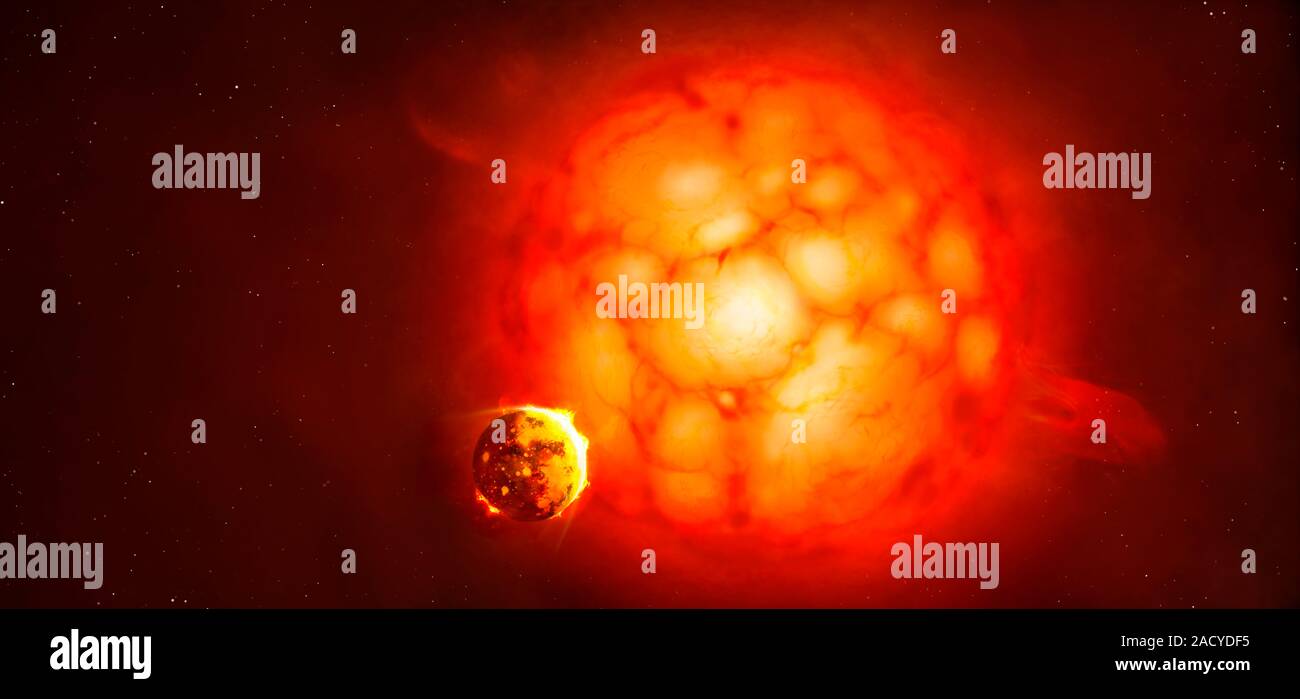 Artwork of a red supergiant star destroying an orbiting planet. Red ...
