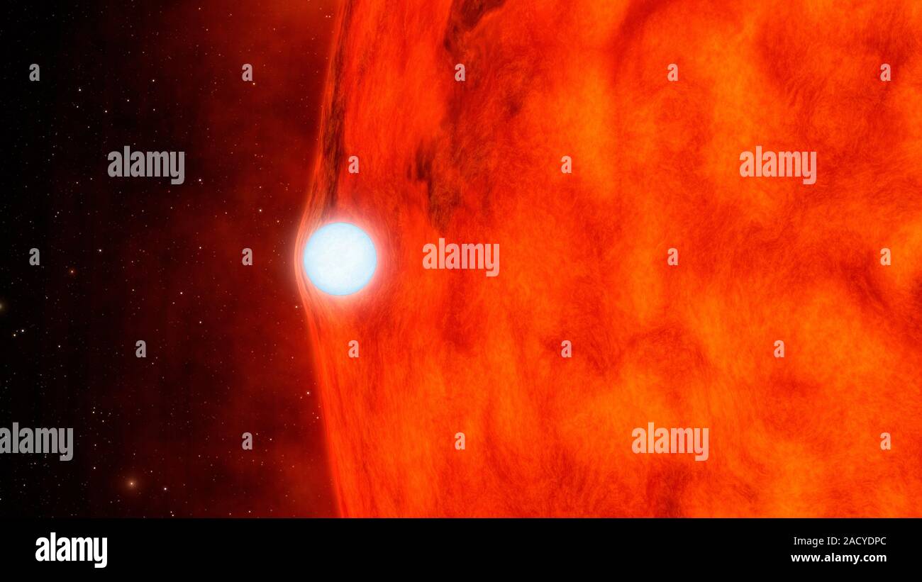 Dead star warping light of red star. Computer illustration showing an ...