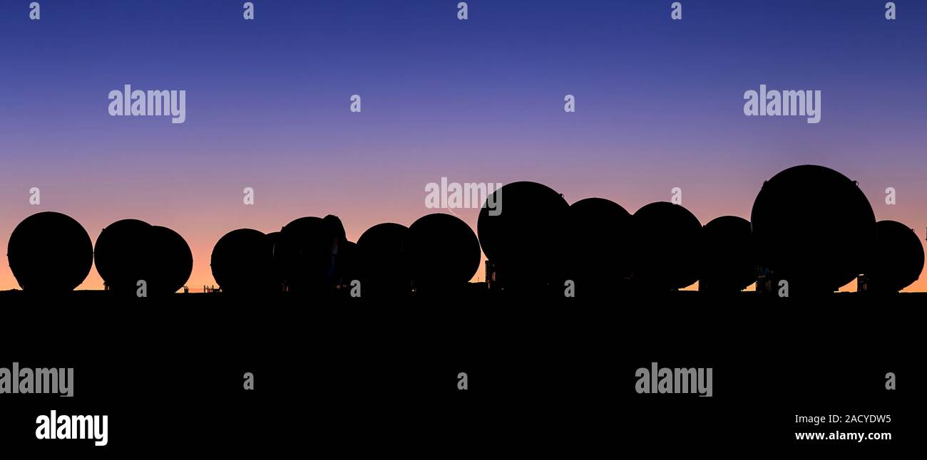 ALMA radio telescopes at sunset. Panoramic view of the ALMA radio ...