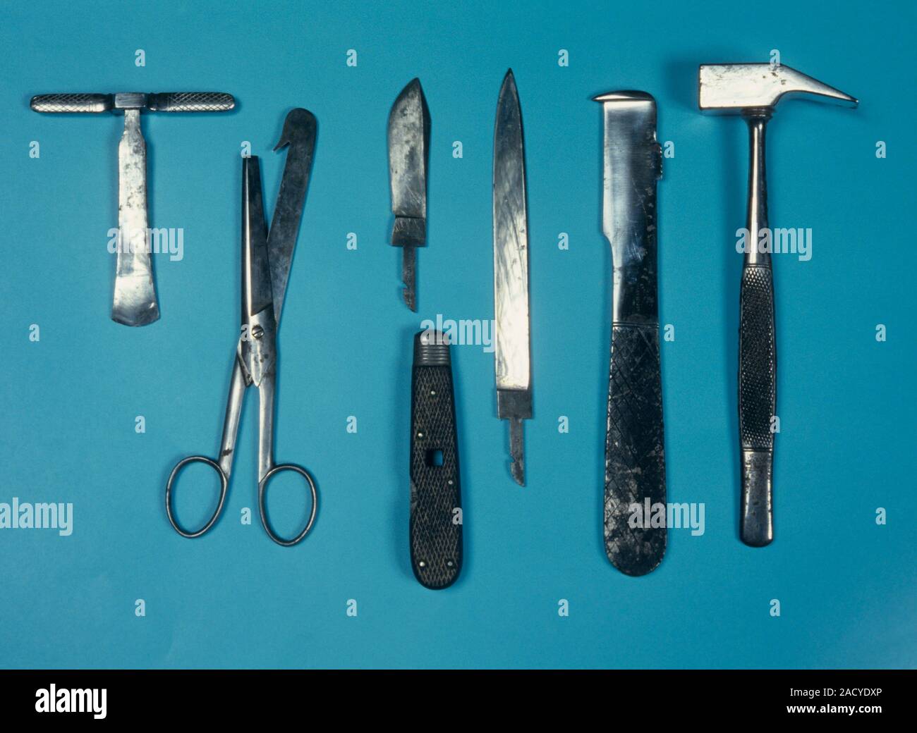 Post mortem instruments, including bowel scissors, chisels and a mallet ...