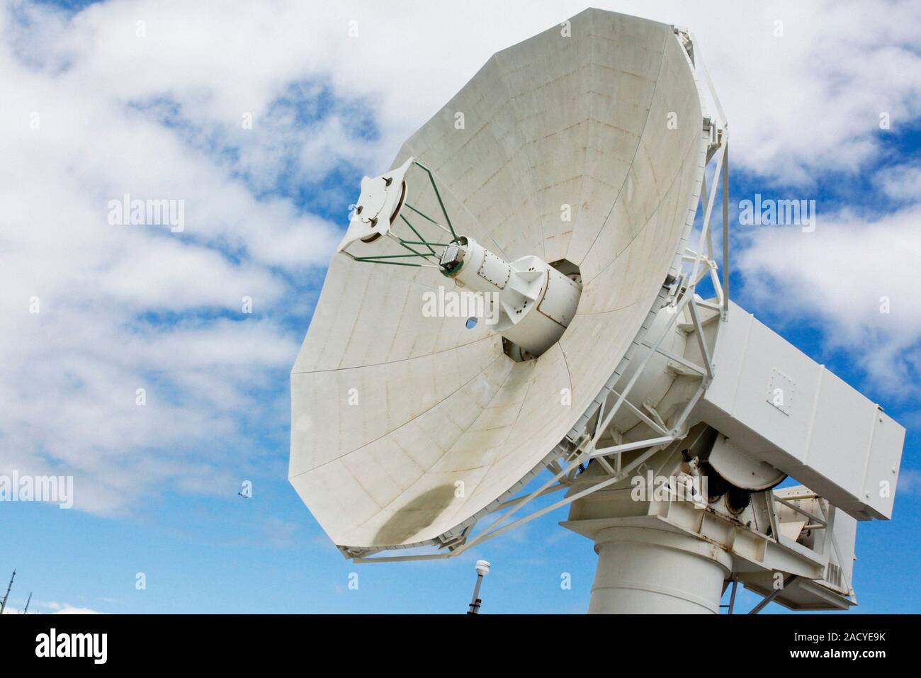 A radar dish aboard a Mobile At-Sea Sensor (MATSS) barge. MATSS ...
