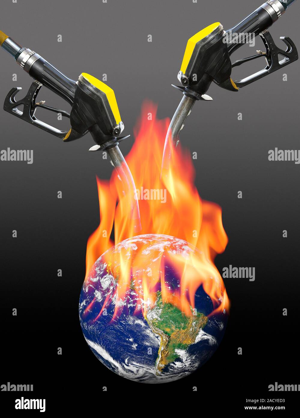 Fuelling global warming. Conceptual image of the Earth in flames, with ...