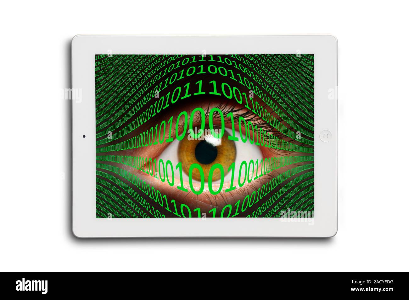 Cyberspying. Conceptual image of a human eye and binary code on a tablet computer screen ...