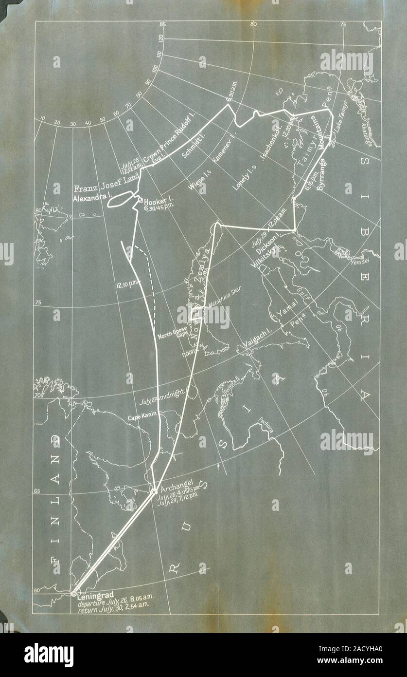 Graf Zeppelin polar flight chart. Map showing the route taken between ...