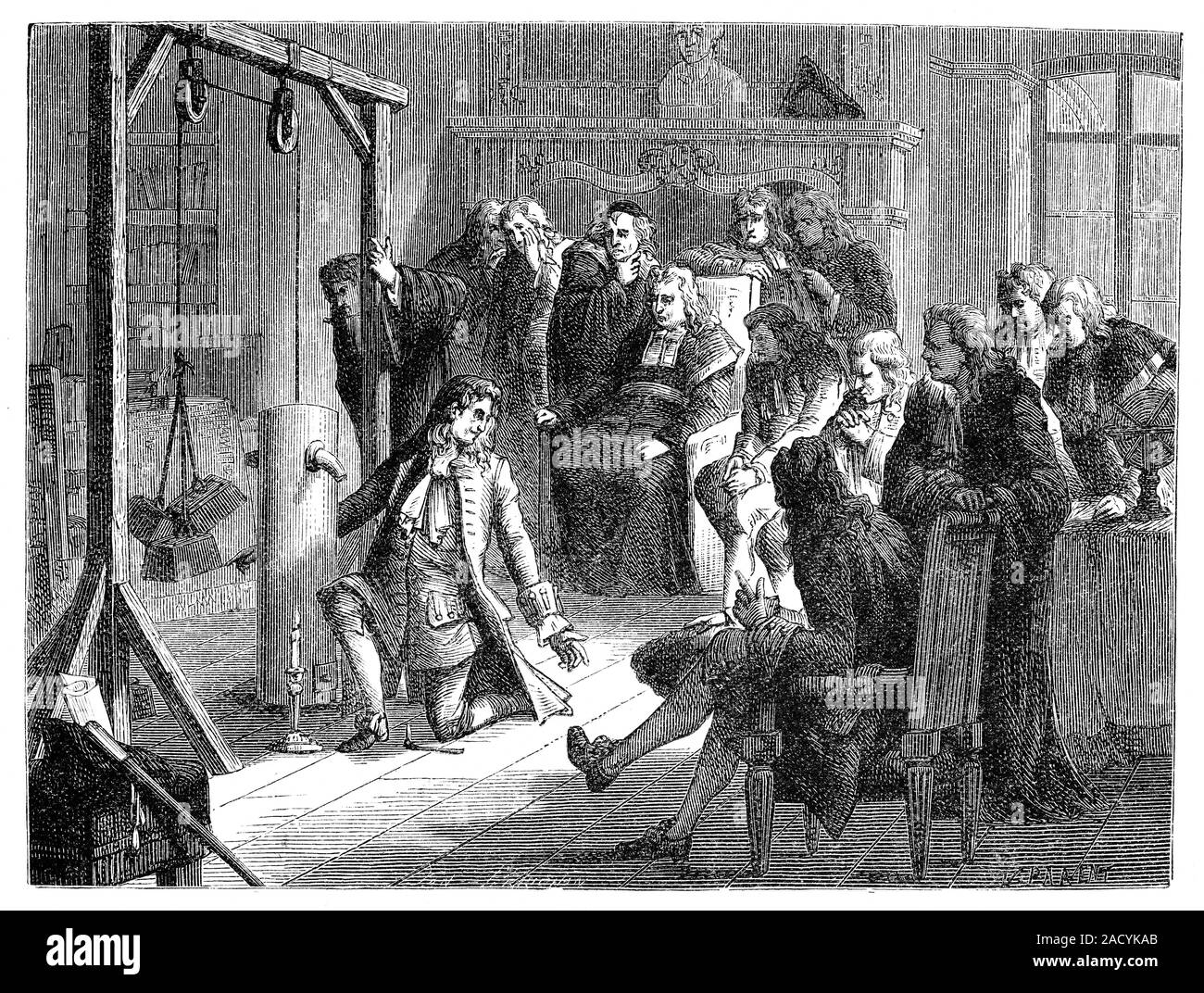 Papin's steam engine demonstration. Illustration of French physicist ...