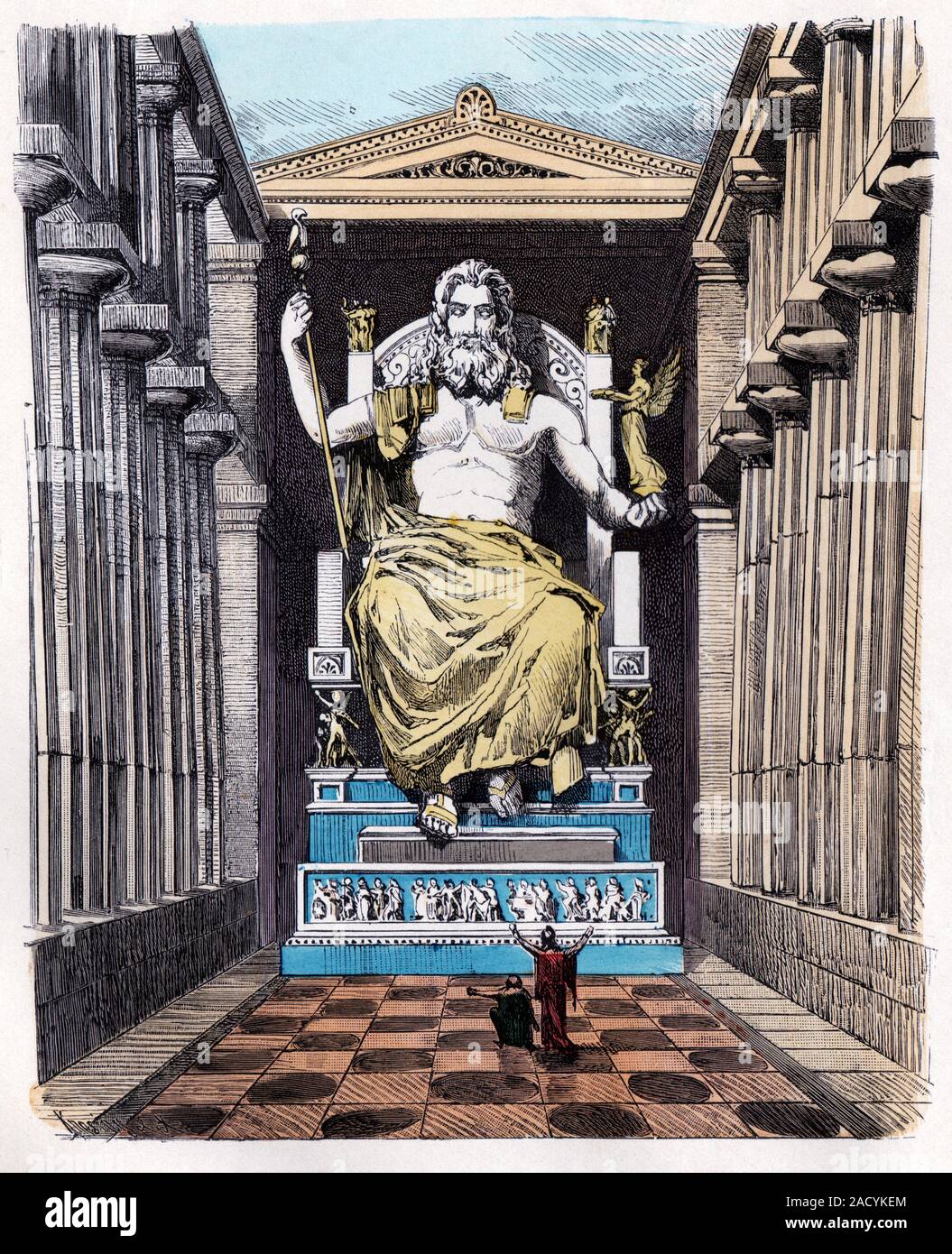Statue of Zeus at Olympia. 1880 German engraving of people worshipping ...