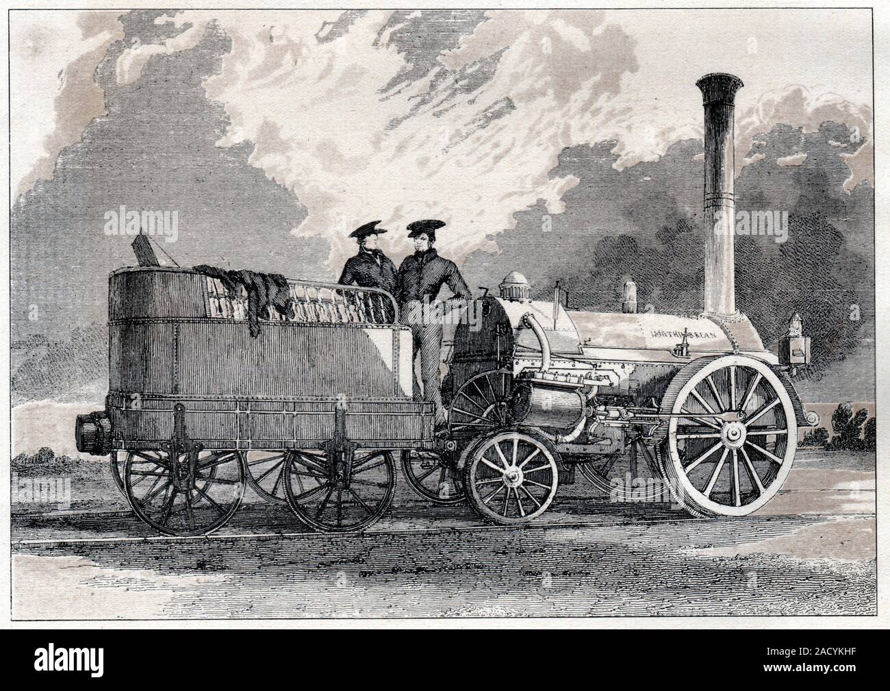 Northumbrian locomotive. Historical engraving by Isaac Shaw of the ...