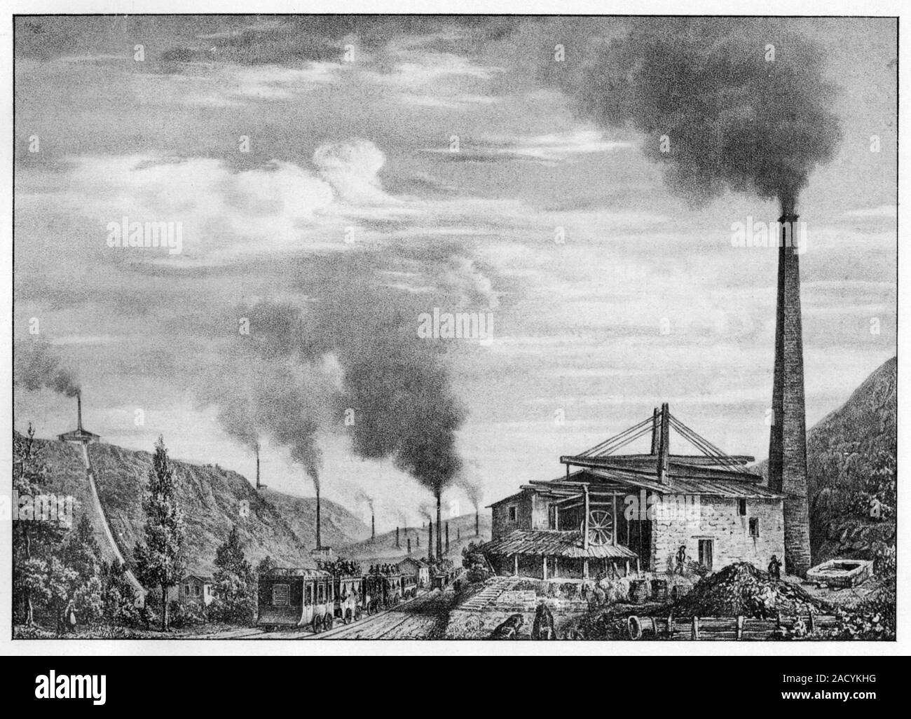 French mining railway. Circa 1850 engraving of a mine railway in the ...