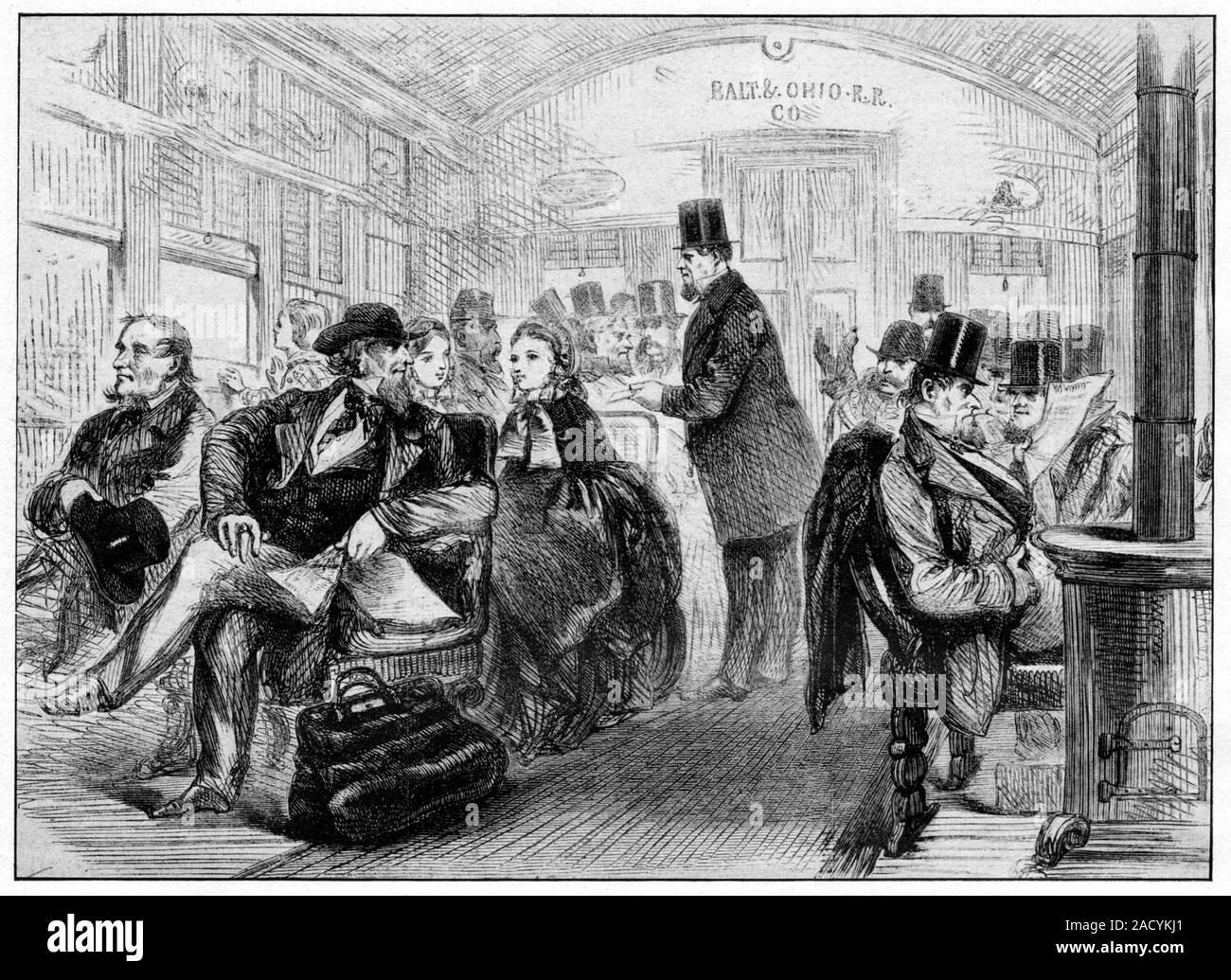 19th Century USA train travel. Circa 1850 engraving of passengers ...