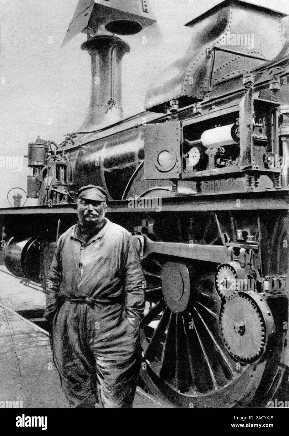 19th Century train and driver. Historical image of a driver with his ...