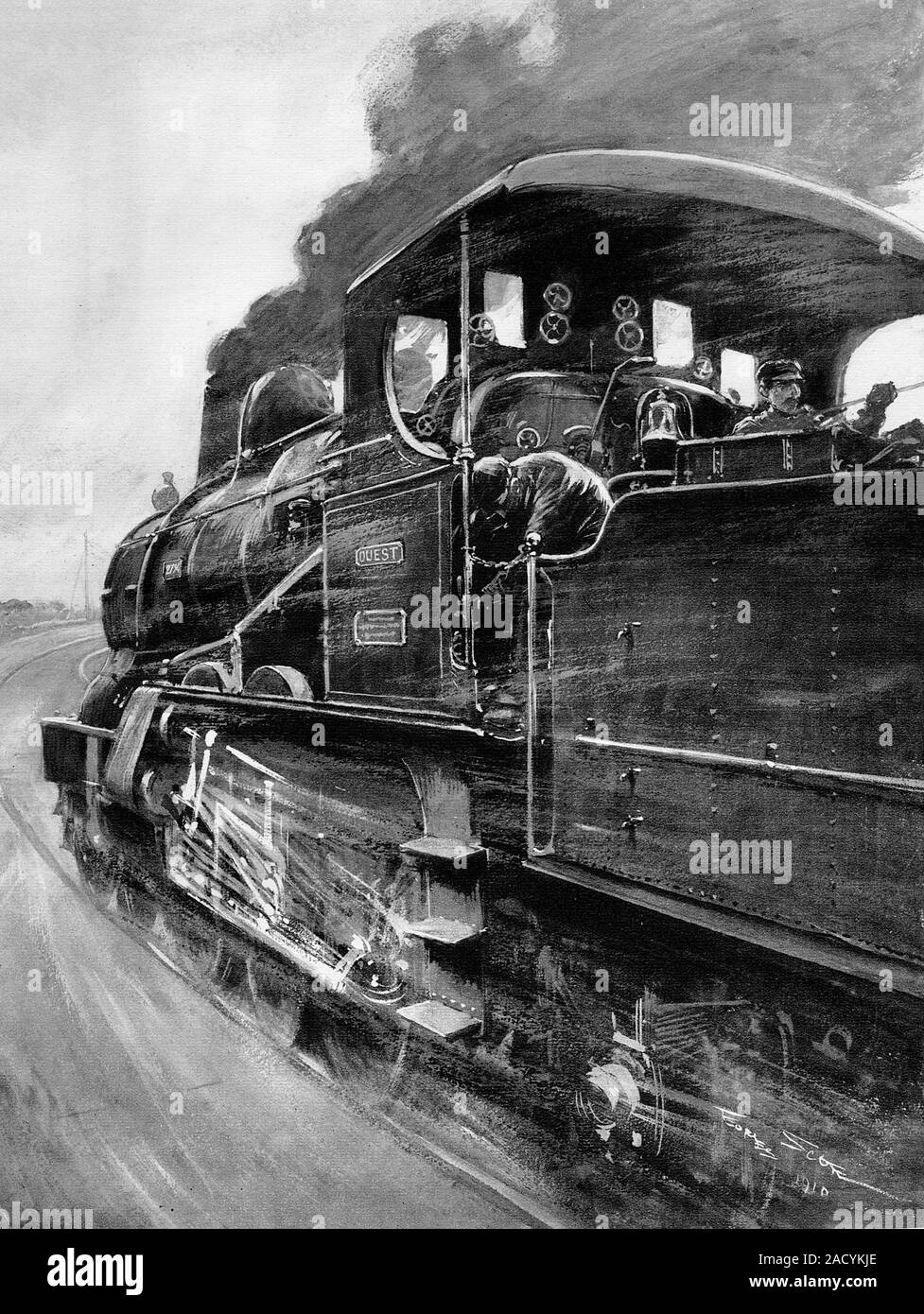 20th Century train and drivers. 1910 engraving of French drivers with ...