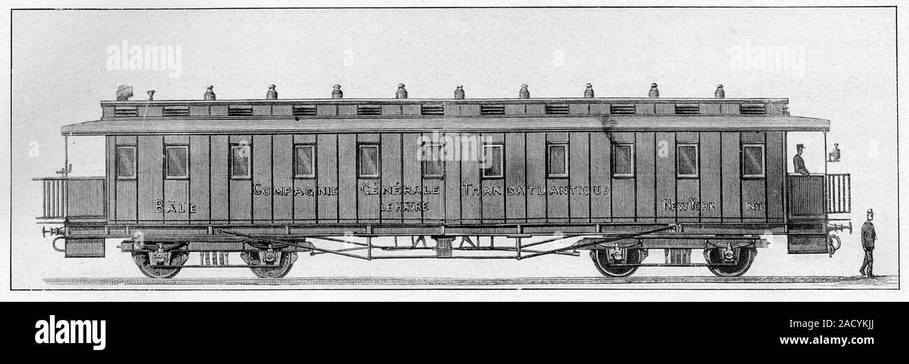 19th Century railway wagon. 1883 engraving of a French railway carriage ...