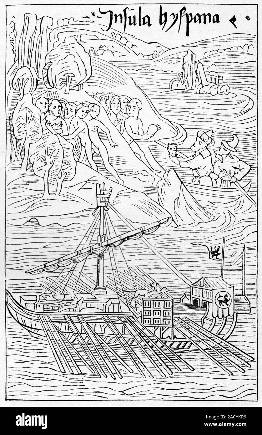Columbus arriving at Guanahani. 15th Century Spanish engraving ...