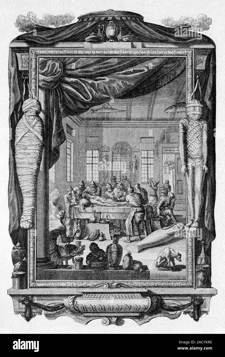 Mummy embalming. Historical engraving of the embalming of a mummy in ...
