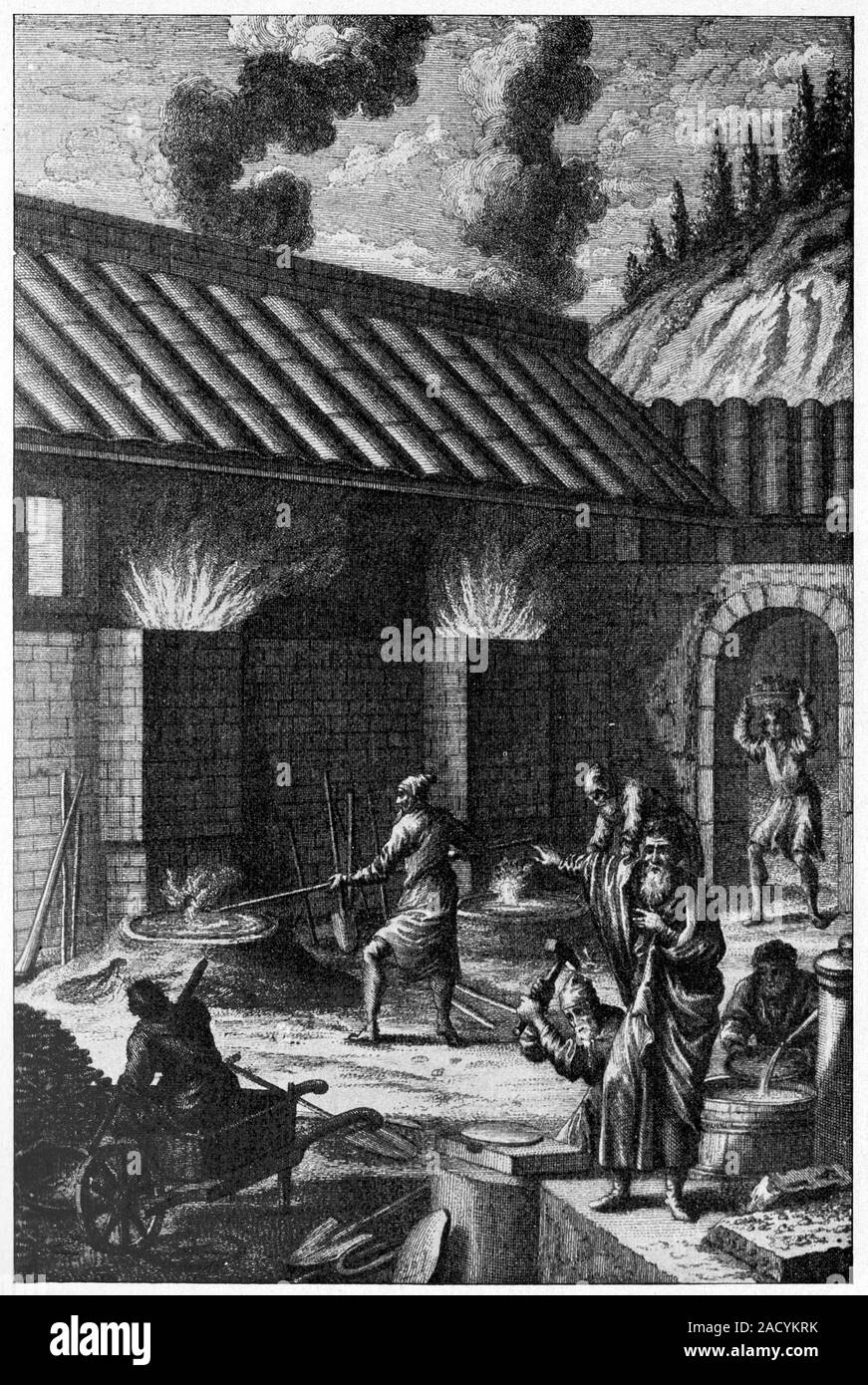Ancient ironworks. Historical engraving of men smelting iron ore at an ...