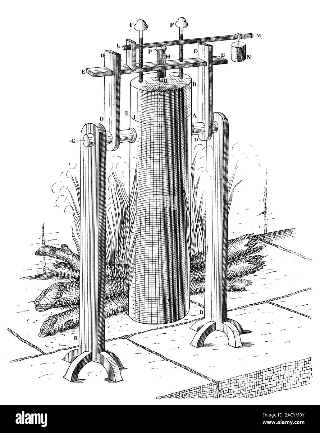 Papin's pressure cooker. Illustration of a version of the pressure ...