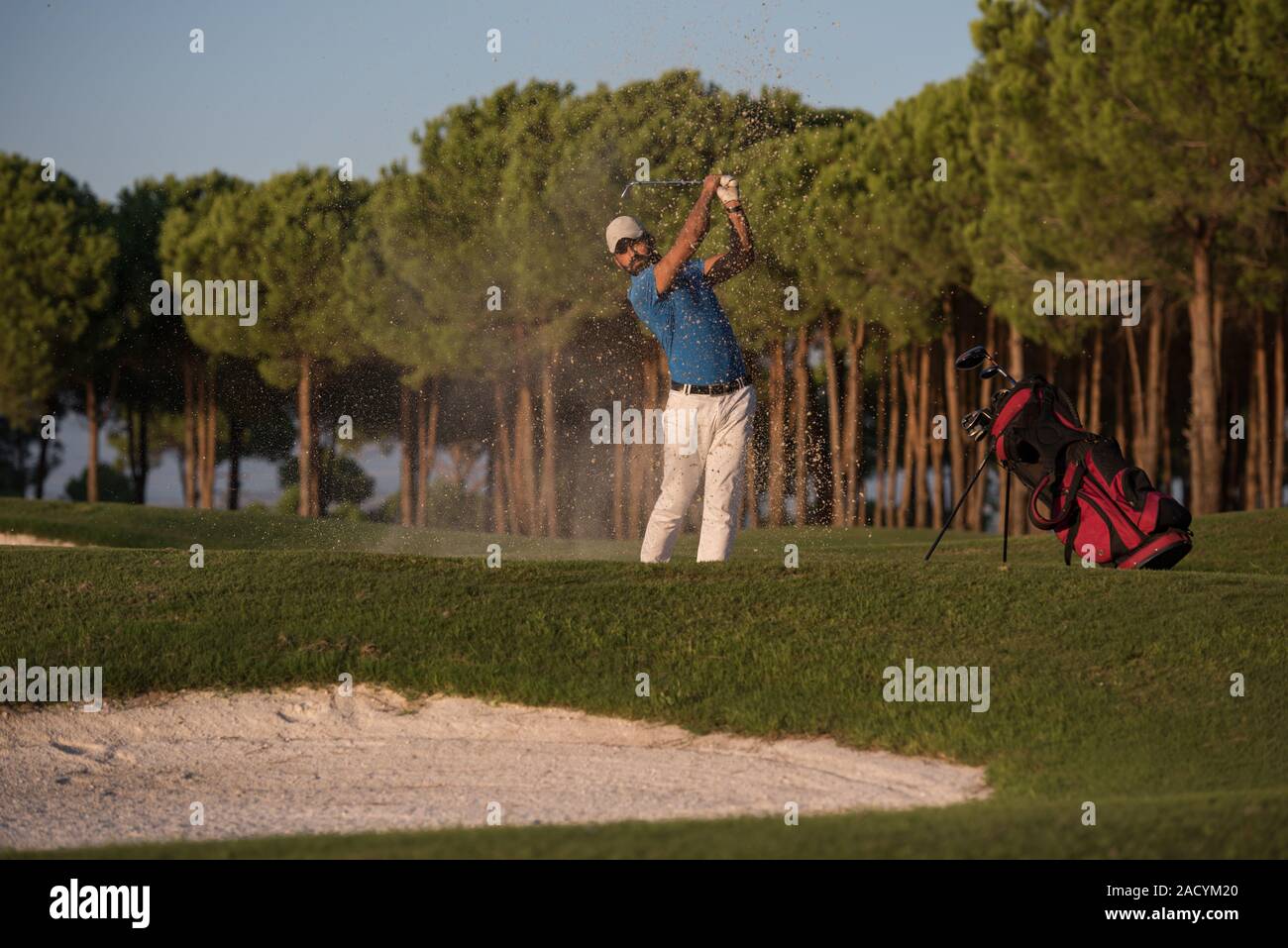 golfer hitting a sand bunker shot on sunset Stock Photo - Alamy