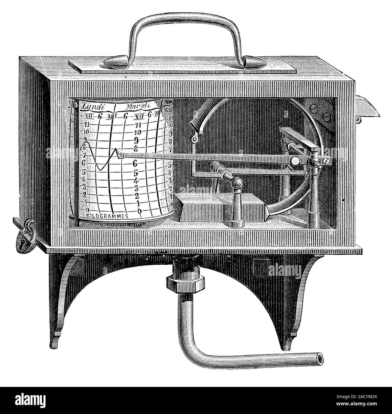 Pressure gauge recorder, 19th century. Illustration of the recording ...