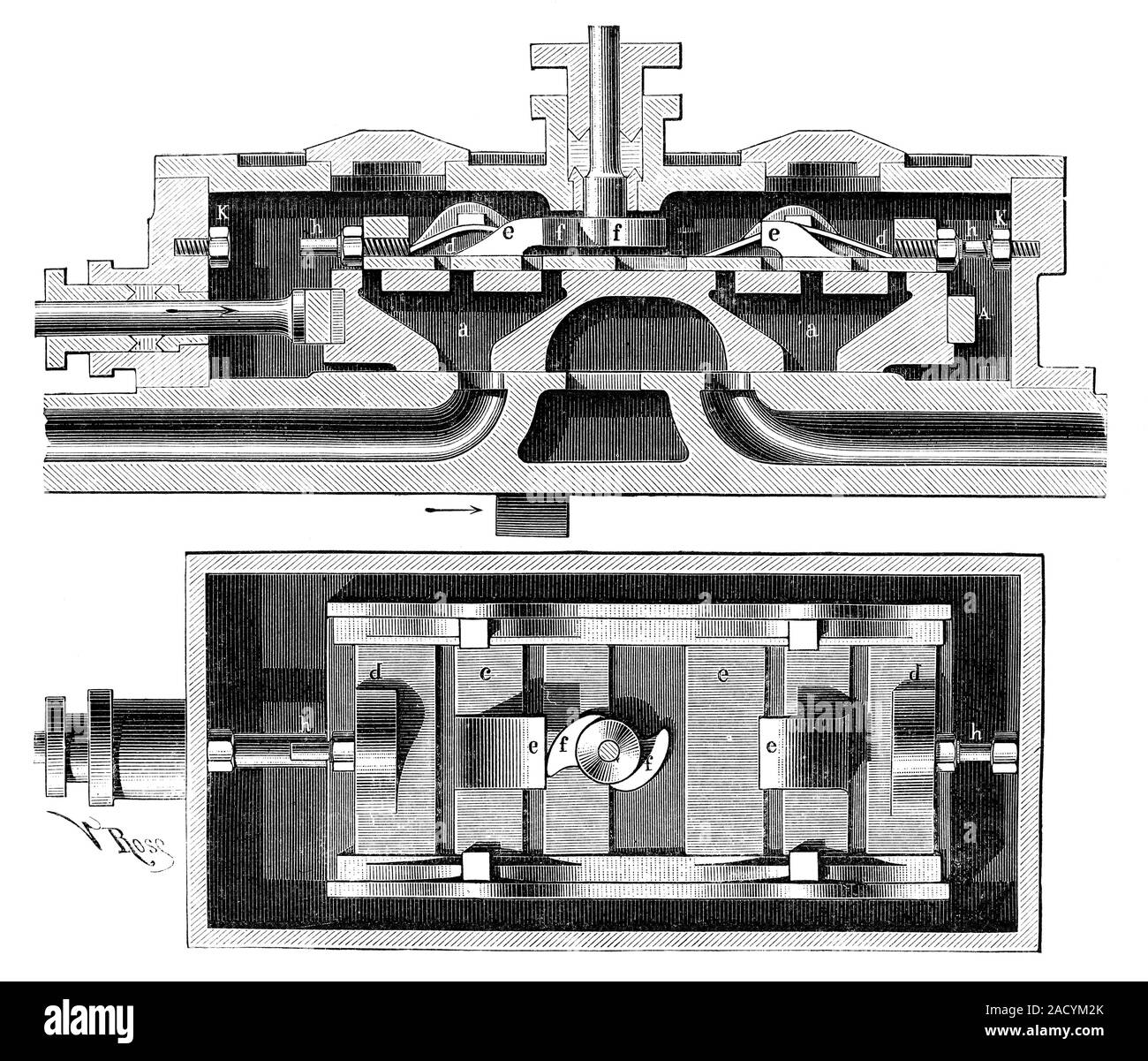 Steam engine valve, 19th century. Illustration of vertical (top) and ...