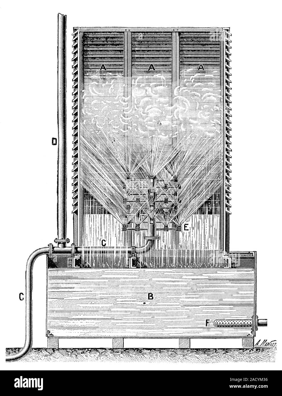 Steam engine condenser, 19th century. Illustration of a condensing and ...
