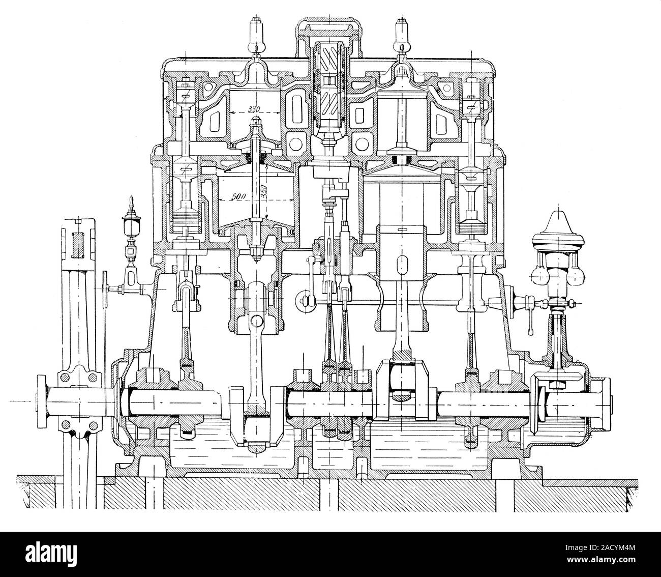 Mertz steam engine, 19th century. Illustration of a section through a vertical compound Mertz ...