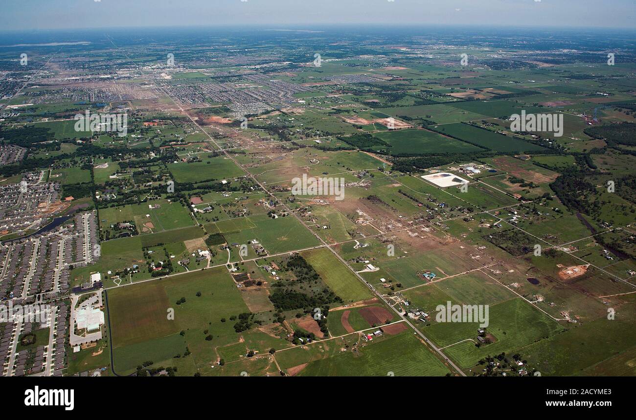 Tornado aftermath. Aerial view over Moore, Oklahoma, USA, showing the ...
