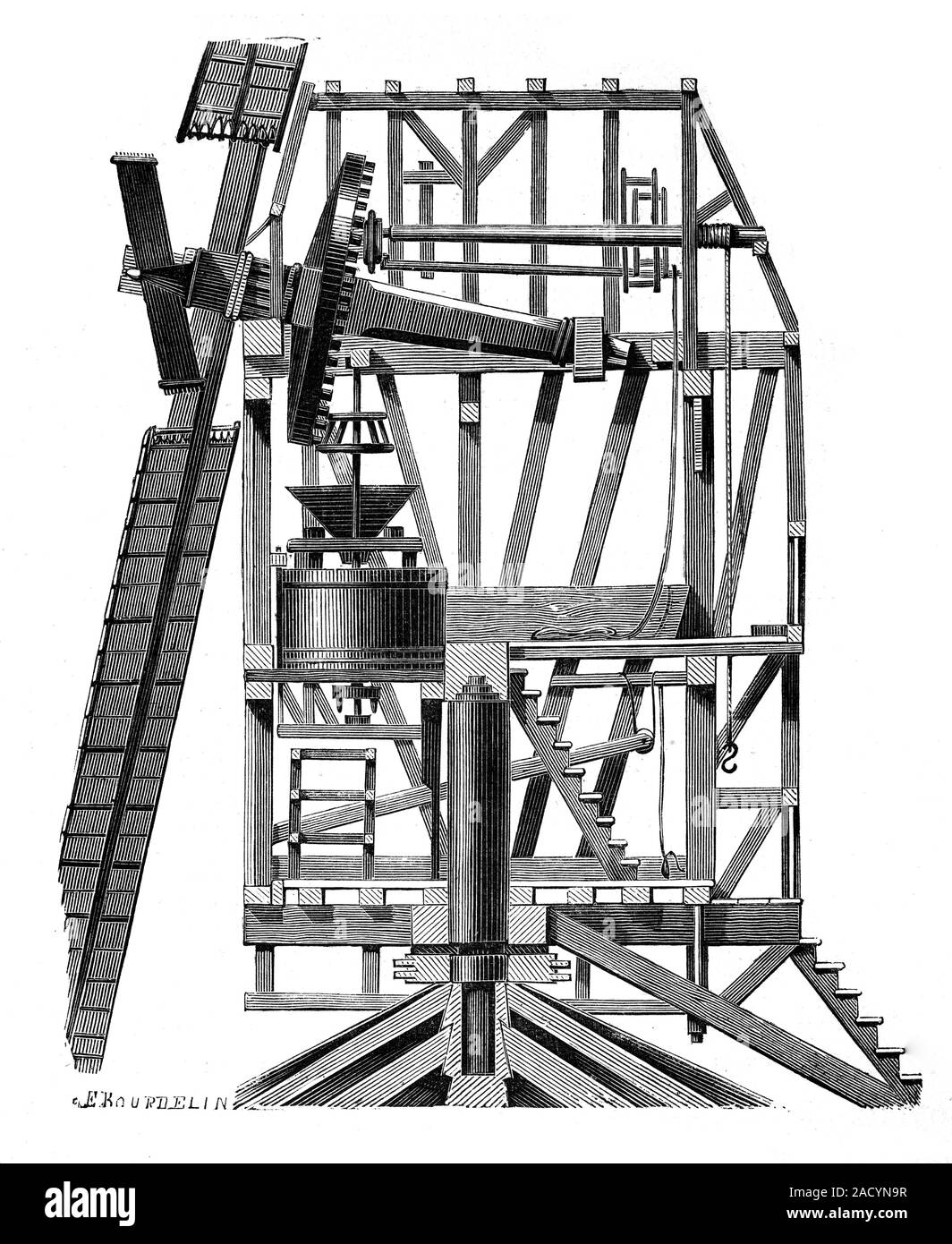 Windmill, 18th century. Illustration of a side view of the machinery ...