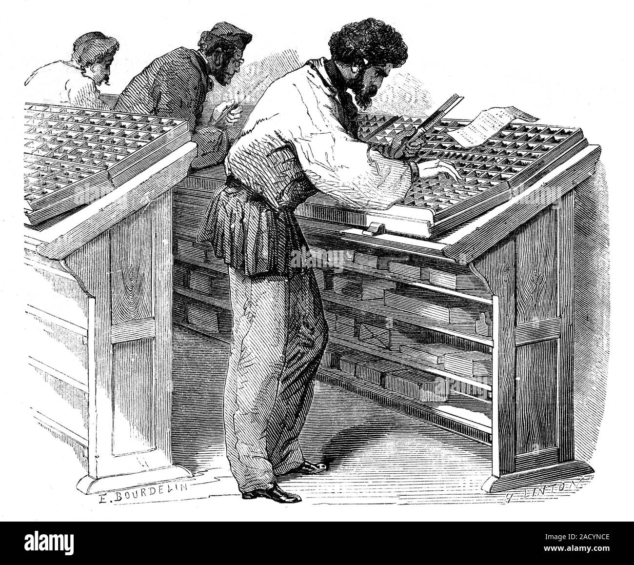 Typesetters, 19th century. Illustration of typesetters working ...