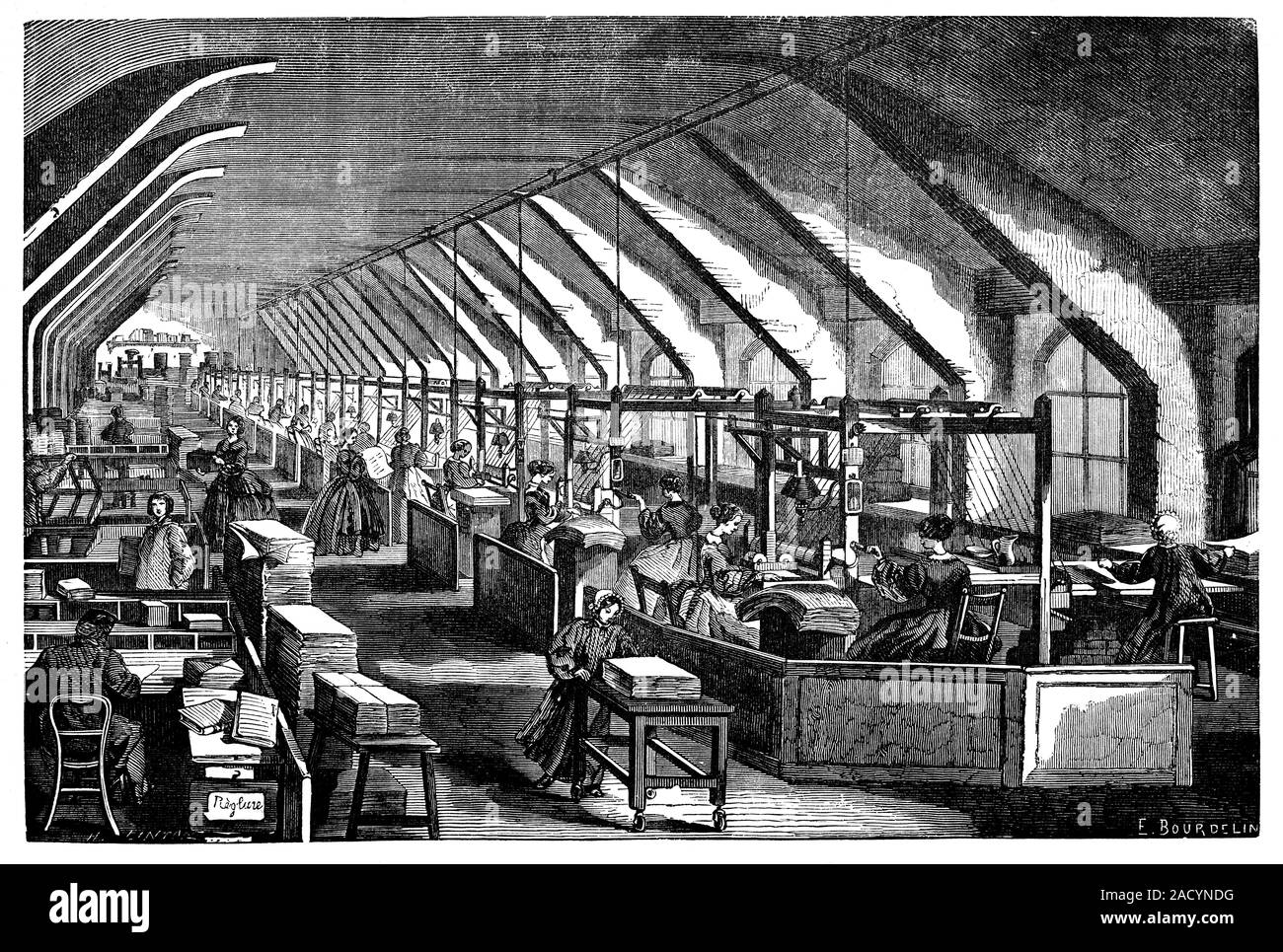 Preparing lined paper, 19th century. Illustration of workers using ...