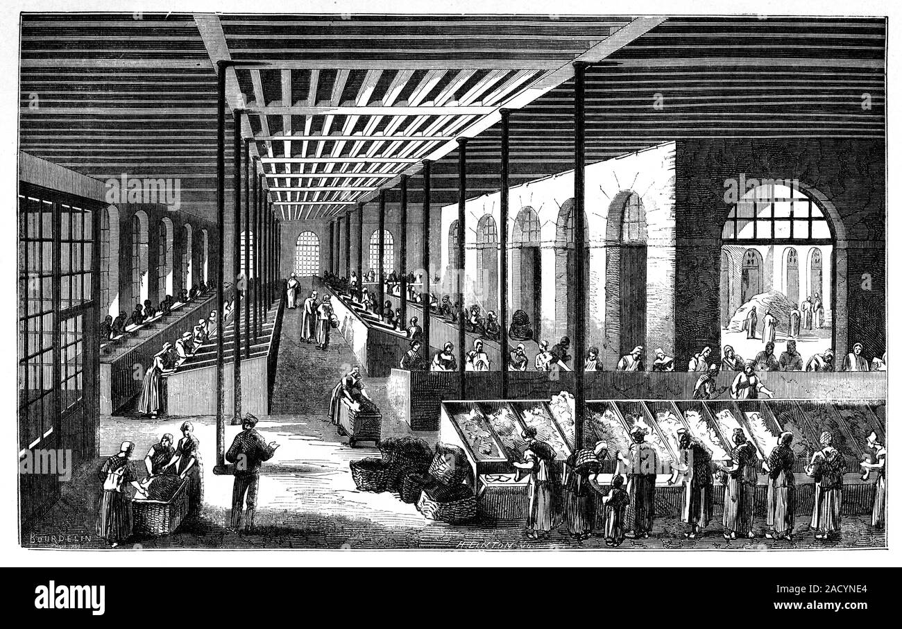 Paper mill, 19th century. Illustration of workers in the shredding room ...