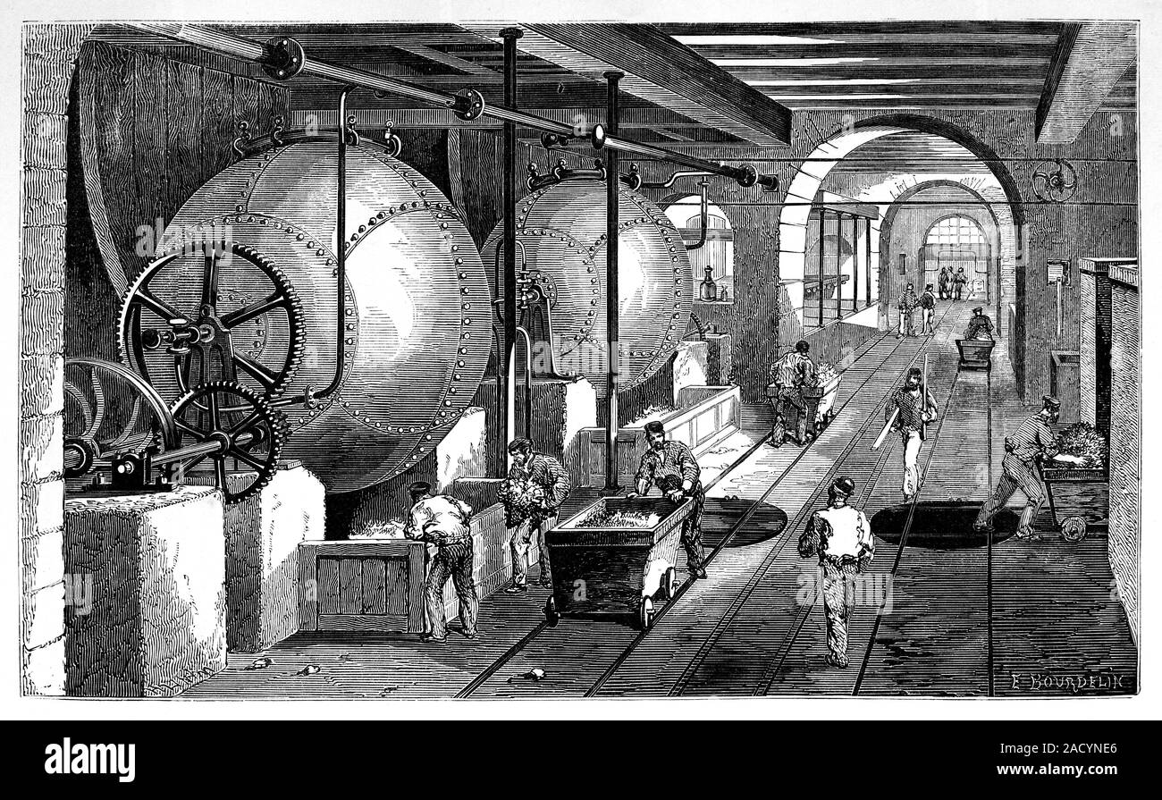 Paper mill, 19th century. Illustration of workers pushing trucks on ...