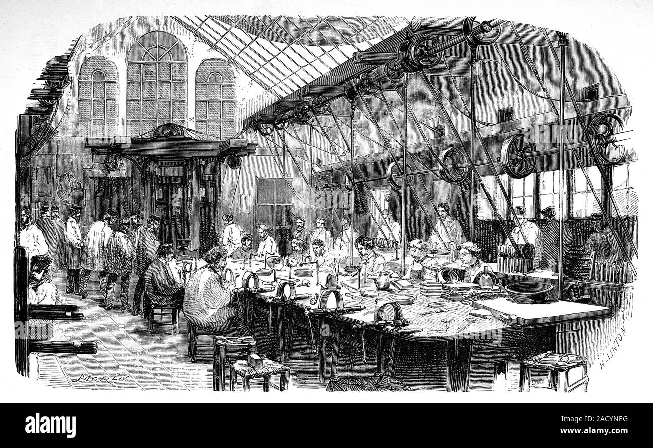 Silverware factory, 19th century. Illustration of workers at a ...