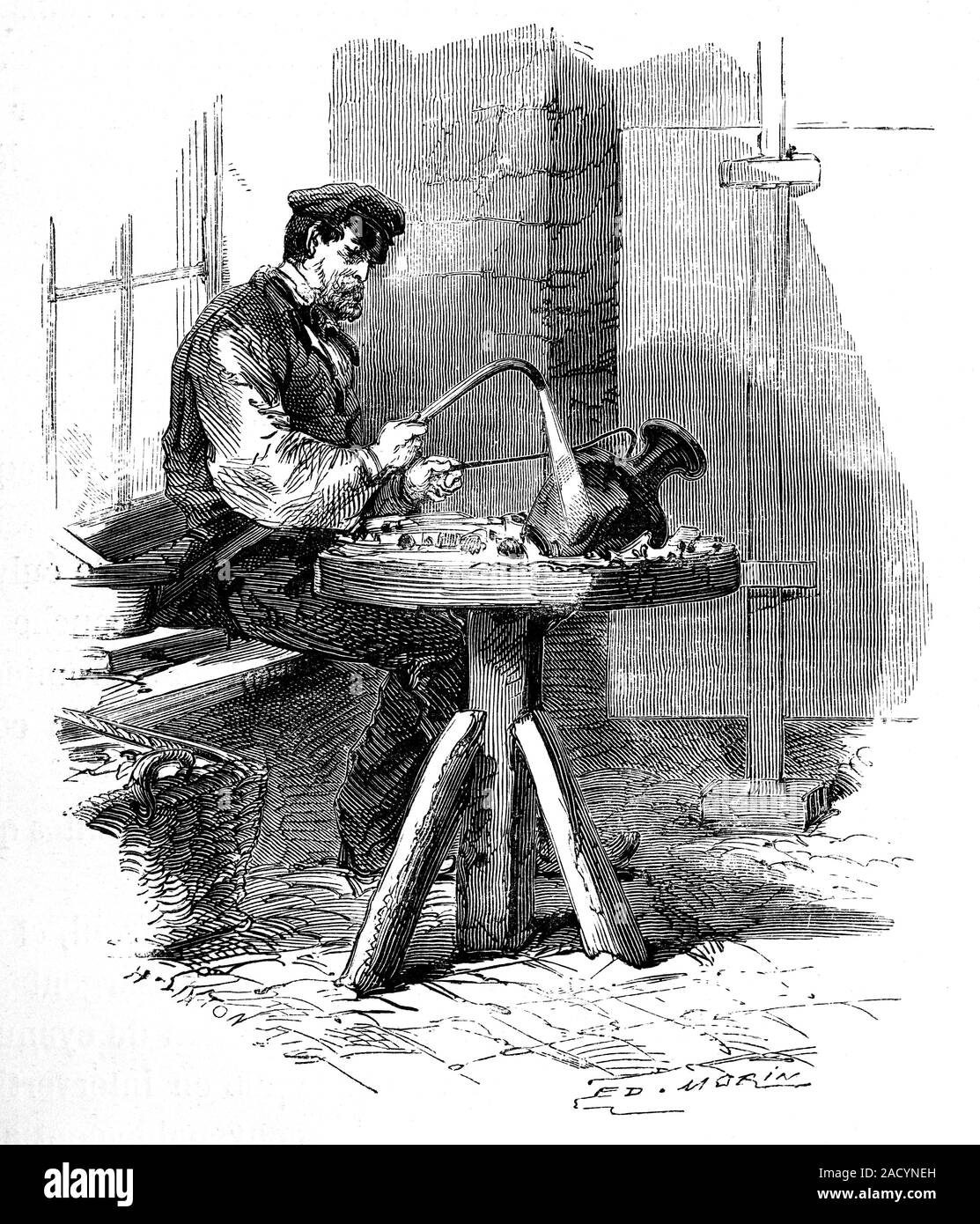 Silverware welding, 19th century. Illustration of welding at a ...