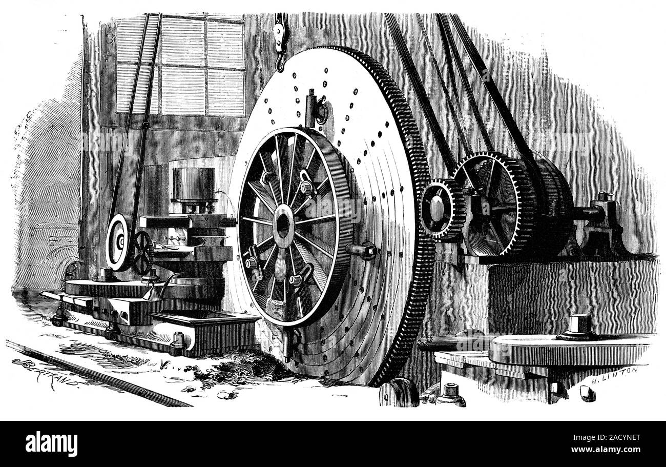 Train wheel production, 19th century. Illustration of lathes being used ...
