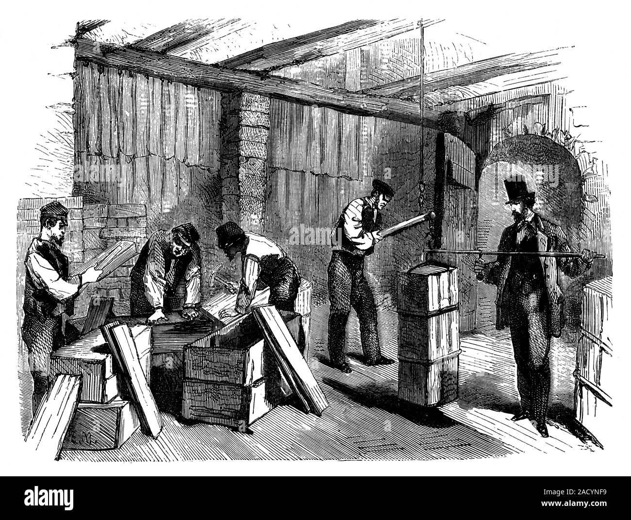 Soap factory packing, 19th century. Illustration of workers packing ...