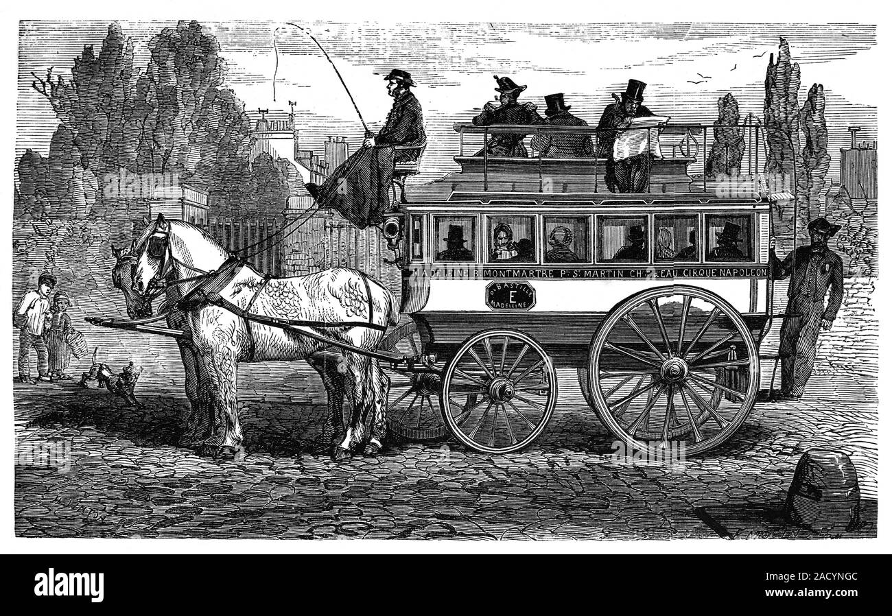 Paris Omnibus, 19th century. Illustration of a horse-drawn carriage forming part of a public ...