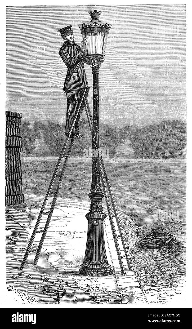 Street gas lighting, 19th century. Illustration of a gas lamp lighter ...