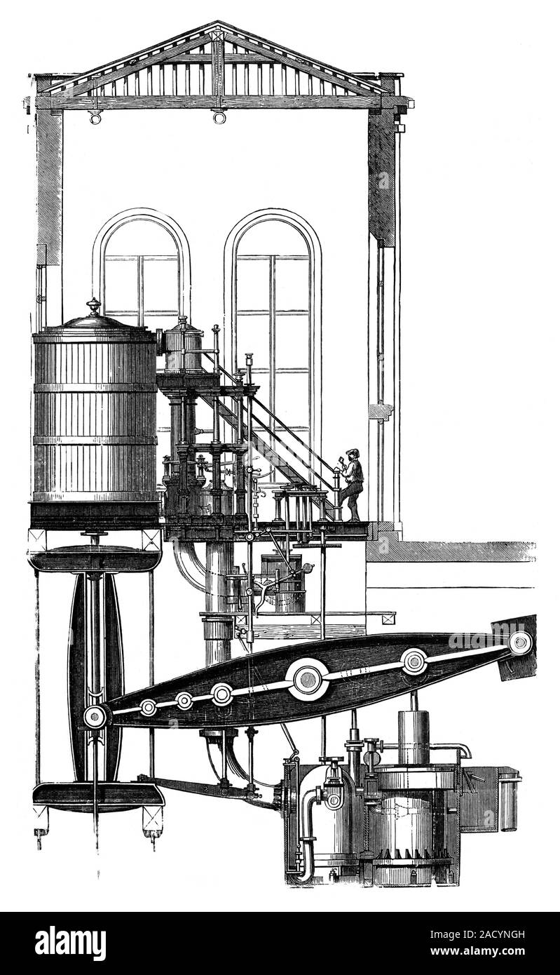 Coal mine pump, 19th century. Illustration of a sectioned view of a ...