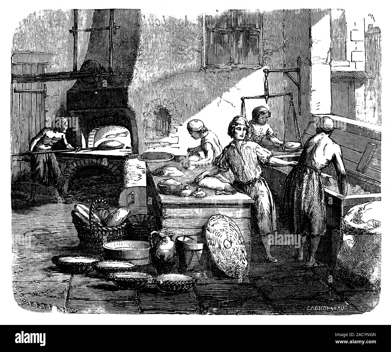 Bakery, 18th century. Illustration of workers producing bread at an ...