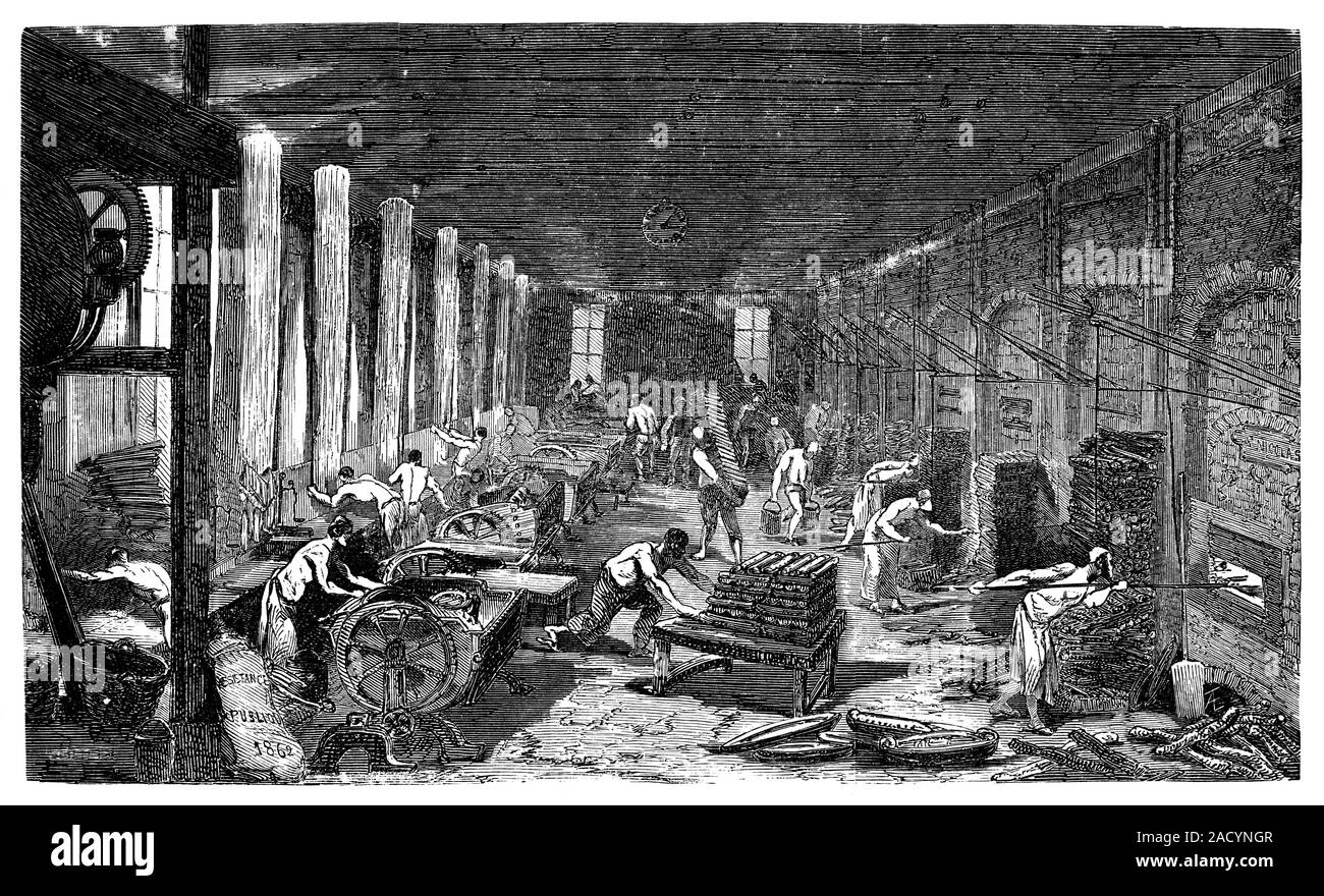 Industrial bakery, 19th century. Illustration of workers producing ...
