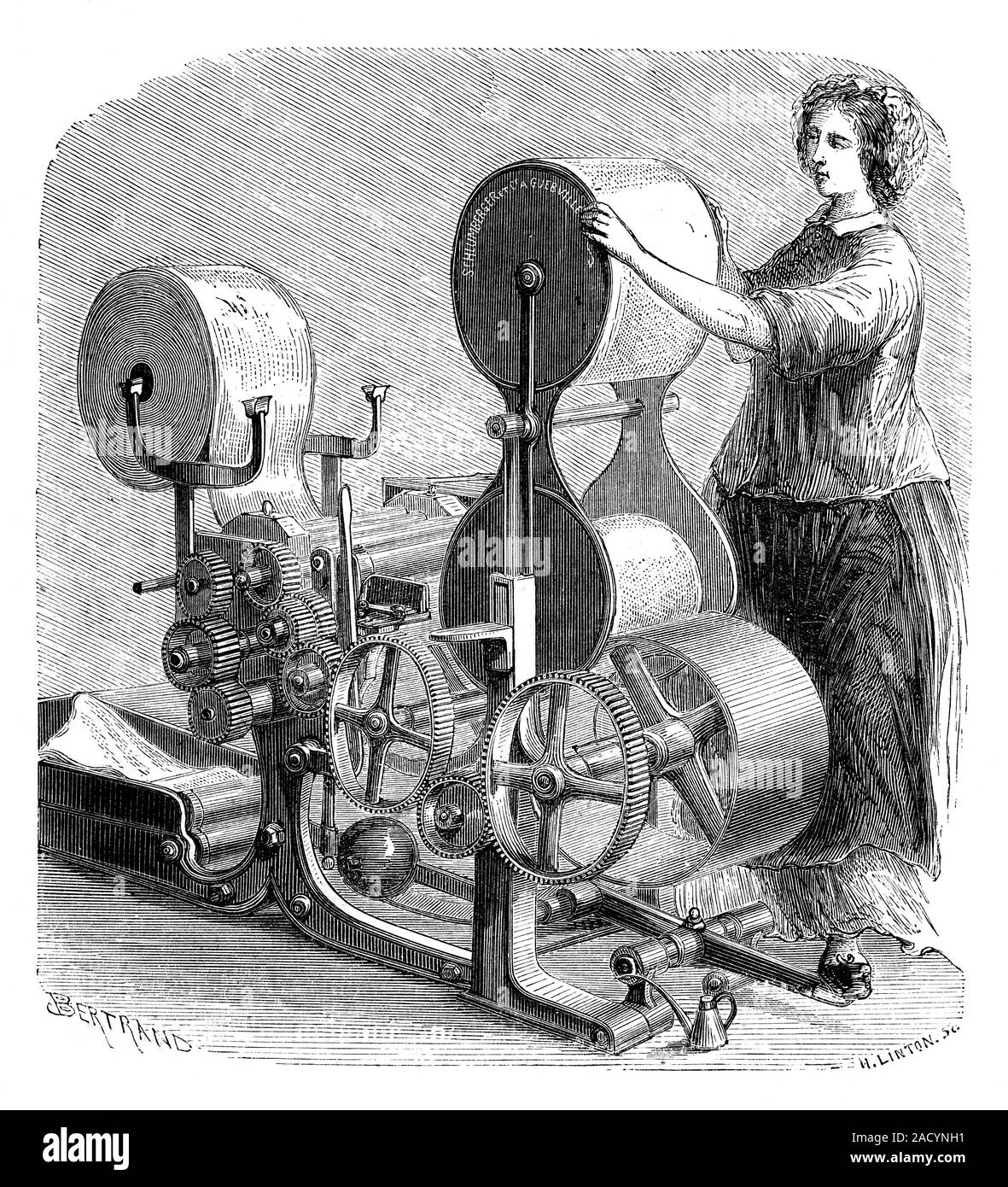 Cotton textile industry, 19th century. Illustration of a worker ...
