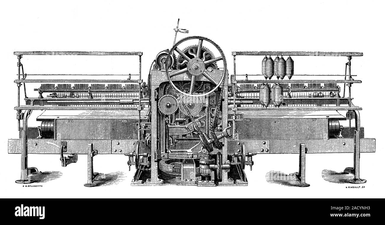 Self-acting spinning mule, 19th century. Illustration of the rear of a ...