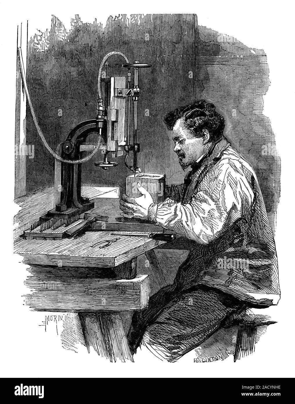 Compressed air engraving, 19th century. Illustration of an artist using ...