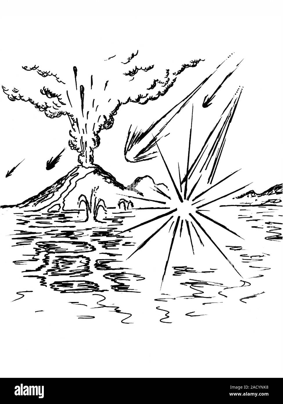 Illustration of the early Earth, with meteors, volcanic eruptions and ...