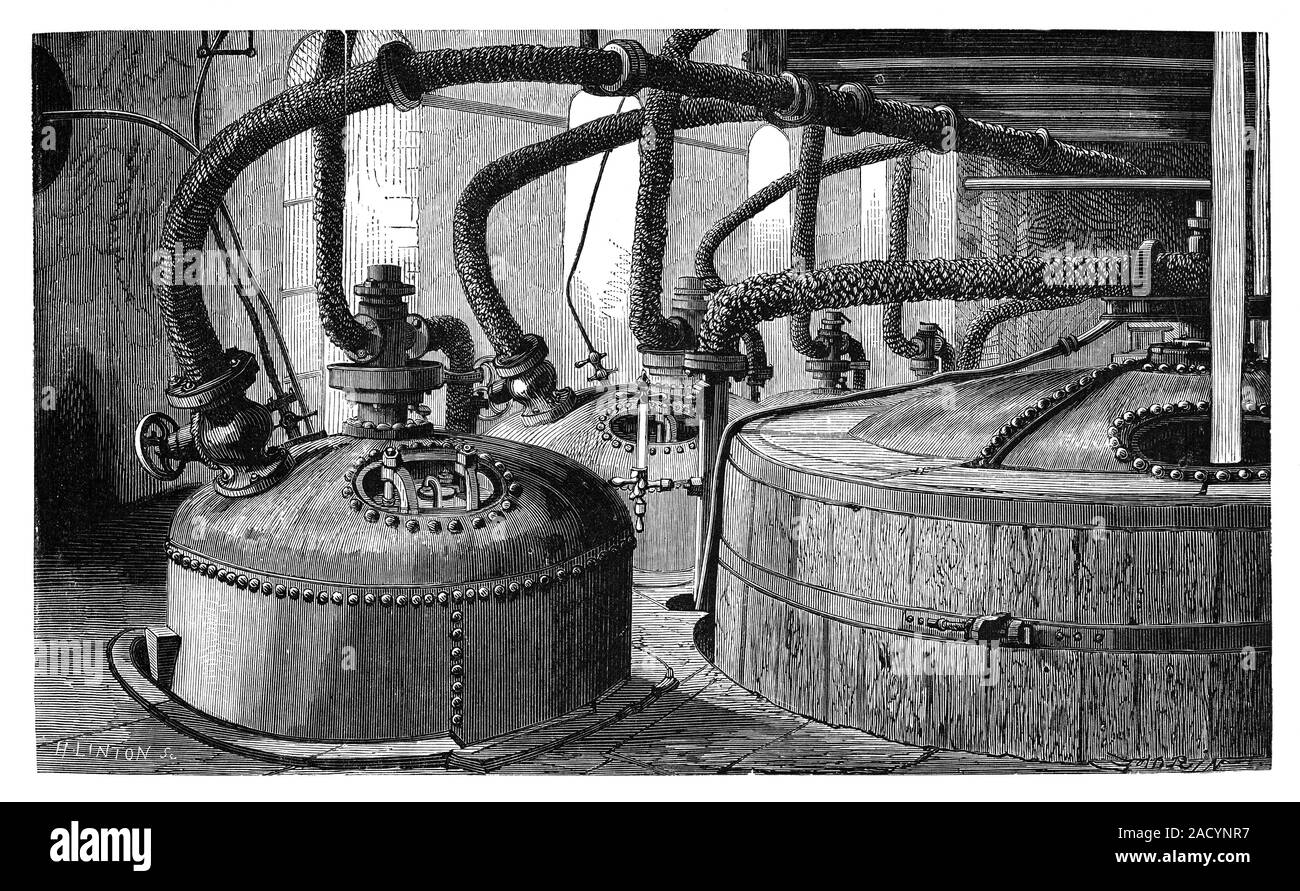 Wool bleaching, 19th century. Illustration of bleaching tanks used in a ...