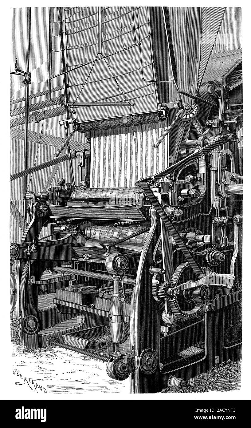 Fabric colouring, 19th century. Illustration of a machine in a wool ...