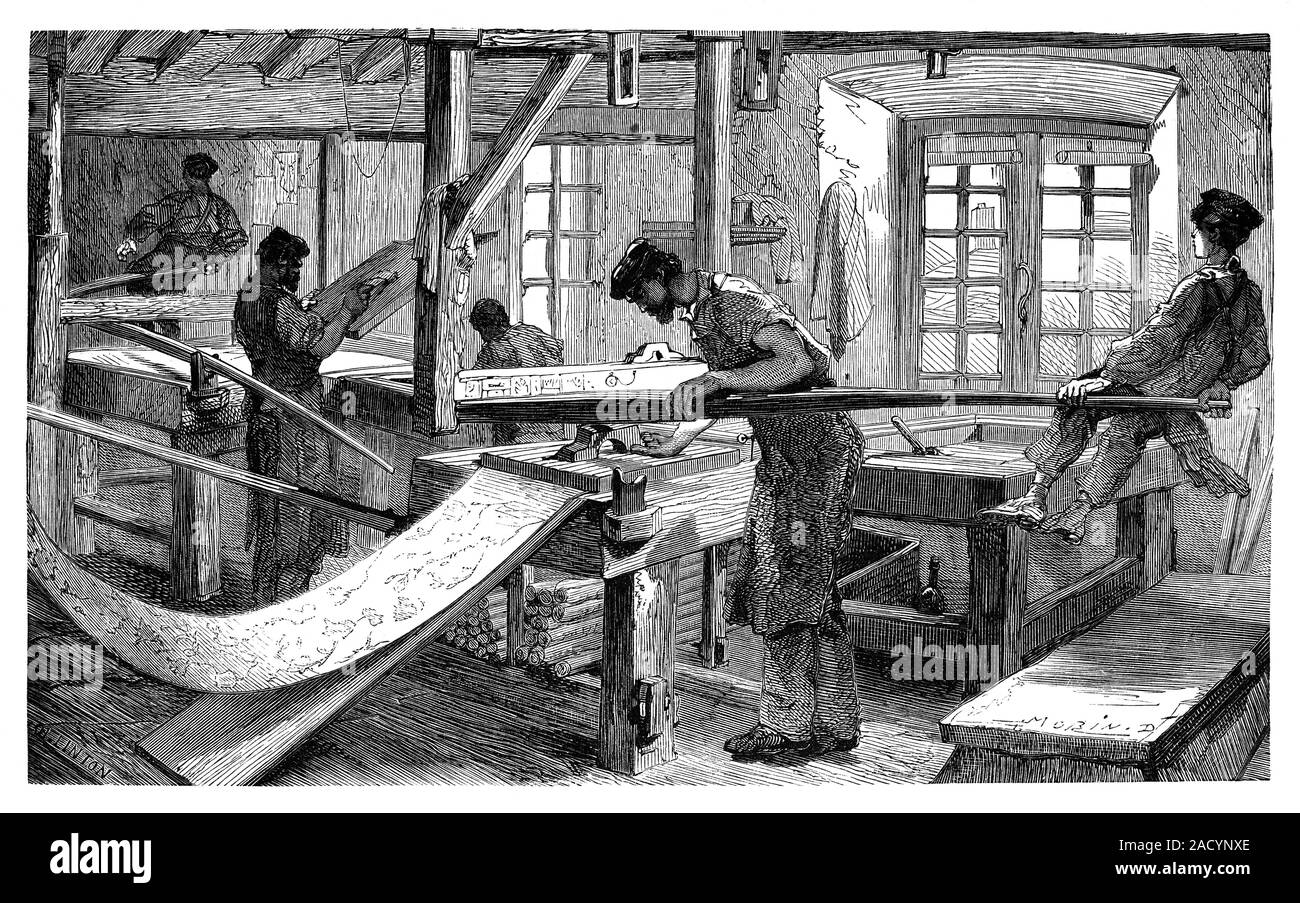 Wallpaper printing, 19th century. Illustration of workers, including a ...